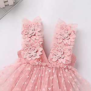 IMEKIS First Birthday Outfit Girl:Boho Romper Princess Dress Headband 1st Valentines Day Baby Cake Smash born Photography Easter Dresses for Toddler Infant Christening Pink Floral 0-6 Months