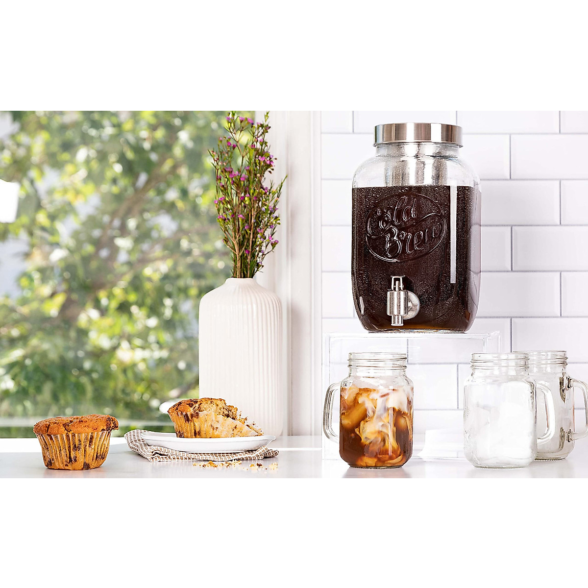 Kook 1 Gallon Mason Jar Drink Dispenser, Thick Glass Carafe, Stainless Steel Spigot and Mesh Filter, Premium Iced Coffee Maker, Cold Brew Pitcher & Tea Infuser