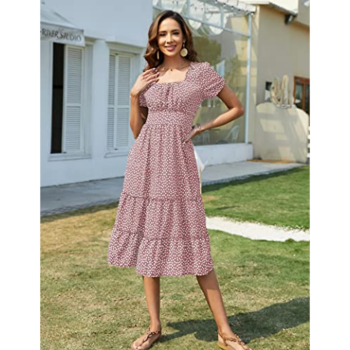 Light Pink Dress for Women Casual Floral Summer Dresses 2023 Boho Sundresses Cute Resort Wear Flowy A-Line Modest Elegant Evening Outfits (Large)