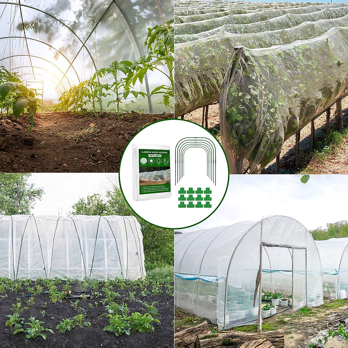Garden Mesh Netting Kit, Plant Covers 10x30ft Ultra Fine Mesh Netting with 6 Sets Garden Hoops ＆12 Clips, Bird Netting Protection for Fruit Vegetable Flowers Animals Greenhouse Cover