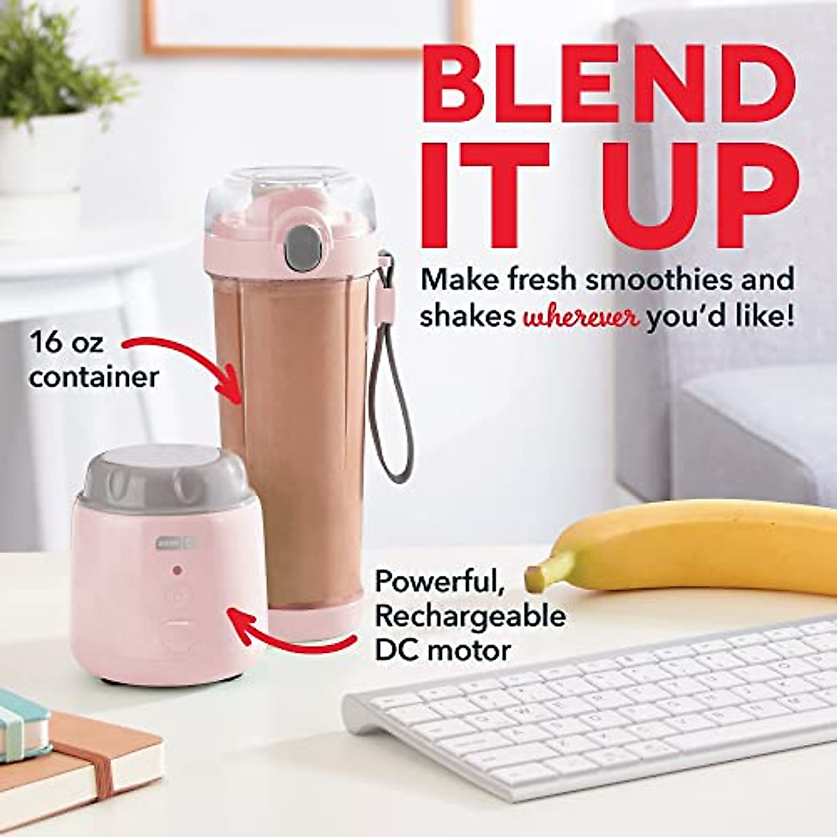 Dash 16 oz Personal USB Bottle Blender with Travel Lid and Charging Cord, Single-Serve Smoothie and Juice Maker, Rose