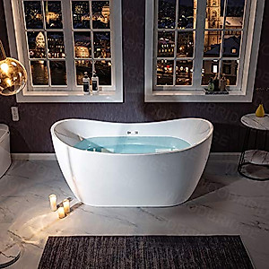 WOODBRIDGE 59" Acrylic Freestanding Bathtub Contemporary Soaking White Tub with Chrome Overflow and Drain，B0016 -C-Drain &O