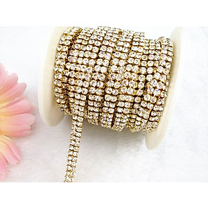 AEAOA 3 Feet 1 Yard 2 Rows Ss16 4mm Close Rhinestone Chain Trims Cup Chain Wedding Cake (Gold+Clear Crystal)