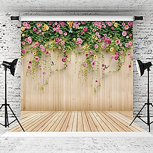 WOLADA 10x10FT Flower Wall Backdrop Spring Backdrop Spring Floral Photo Backdrop Brown Wood Plank Flower Wall Photography Backdrop Girl Birthday Party Wedding Shower Photography Background 8909