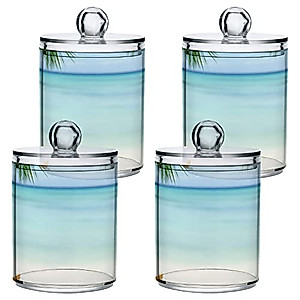 WELLDAY Apothecary Jars Bathroom Storage Organizer with Lid - 14 oz Qtip Holder Storage Canister, Summer Beach Starfish Clear Plastic Jar for Cotton Swab, Cotton Ball, Floss Picks, Makeup Sponges,Hair