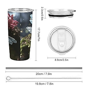 FHENMSA Stainless Steel Insulated Travel Coffee Mug,Blue Dragonfly Print Reusable Car Cup,Thermal Cup for Outdoor with Straw And Lid