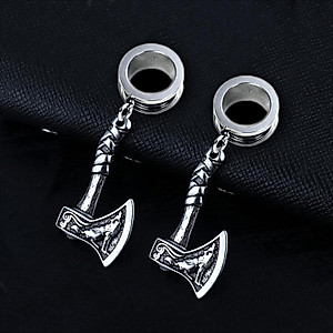 XINHE 2PCS Ear Gauges Ear Plugs Tunnels for Ears Viking Celtic Wolf Ax Pendant Surgical Steel Screw Dilation Piercing Expander,8mm(0g)
