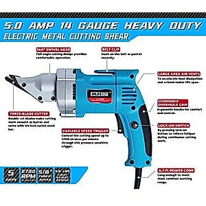 Wild Edge Electric Metal Shear, 14 Gauge 5.0 Amp Variable Speed Swivel Head Heavy Duty Sheet Metal Cutter