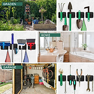 Mop Broom Holder Wall Mounted Heavy Duty No Drill, Adhesive Mop 304 Stainless Steel Mop Hanger Wall Mount Stick on w Hooks for Bathroom Kitchen Closet Garage Garden Organizer with 6 Hooks (Black)