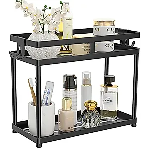 FLE Under Sink Organizer, 2 Tier Metal Under Bathroom Sink Storage Baskets with Hooks, Self Adhesive Black Under Sink Shelf Organizer for Bathroom Kitchen