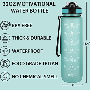 Gold Armour 32oz Motivational Water Bottle with Time Marker, Leakproof BPA Free Daily Water Reminder to Ensure You Drink Enough Water Daily (Mint Green)