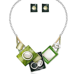CSY Fashion Oval Crystal Opals Statement Bib Necklace Earrings Silver Plated Bohemian Costume Jewelry Set Gifts for Women (green)