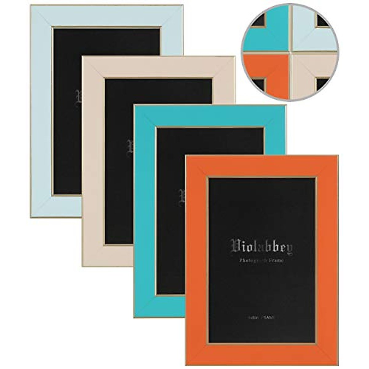 VIOLABBEY 4x6 Picture Frames Set of 4, Colorful Photo Frame of Modern Style, High Definition Tempered Real Glass, Wall Mounted or Tabletop Display (Blue+Light Blue+Orange+Apricot)