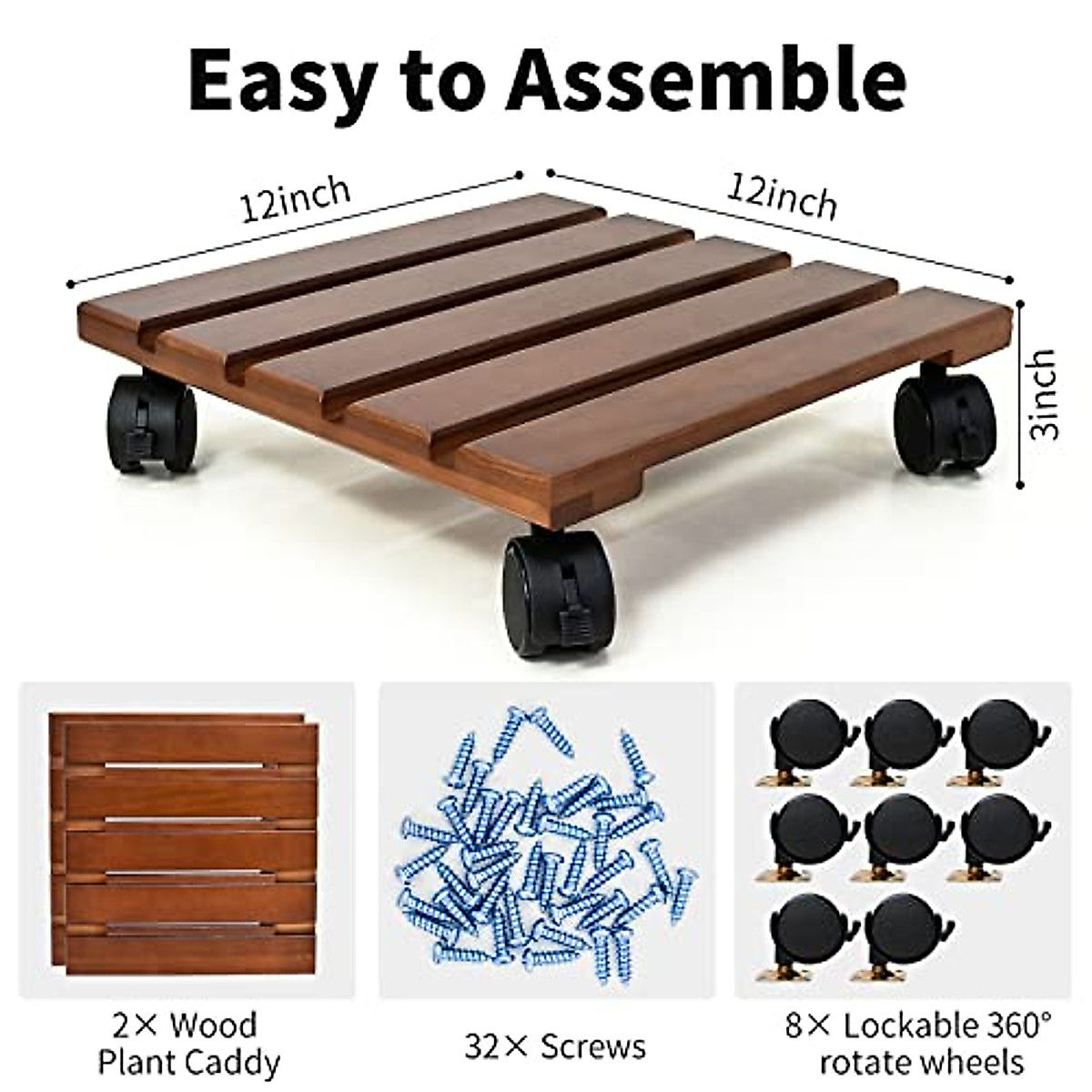 MISUMISO Plant Caddy Wooden Lockable Plant Stand Heavy Duty Plant Dolly 2 Pack Square Sturdy Design Indoor Outdoor Hold Up to 150lb (12" Square, Brown)