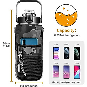 Rewfig Half Gallon Water Bottle with Sleeve & Strap 64 OZ Motivational Water Bottle with Straw & Time Marker to Drink Leakproof Tritan BPA Free Workout Gym Sport Water Jug, Sports Bottle