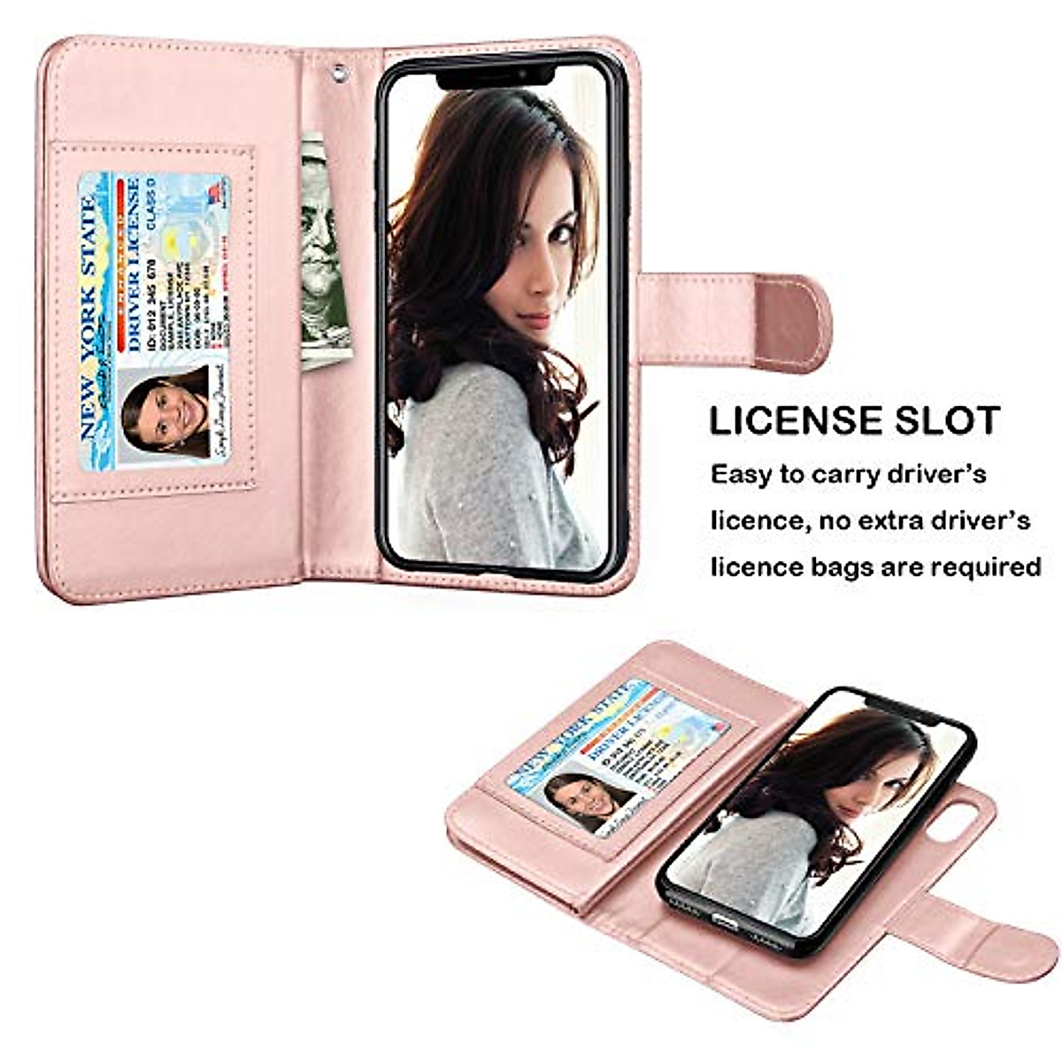 NJJEX Wallet Case for iPhone XR, for iPhone XR Case, PU Leather [9 Card Slots] ID Credit Holder Folio Flip Cover [Detachable][Kickstand] Magnetic Phone Case & Lanyard for iPhone XR 6.1" [Rose Gold]