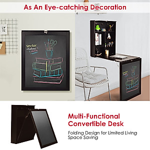 IFANNY Folding Wall Desk, Wall Mounted Fold Out Desk with Storage Shelves & Hooks, Hideaway Desk Wall Mount with Chalkboard, Floating Corner Desk for Small Spaces (Brown)