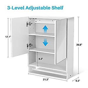 Nidouillet Bathroom Wall Cabinet with Mirror, 27" Wall Mounted Medicine Cabinet Storage with 2 Mirrored Doors, Adjustable Shelves, Towel Rack, White Hanging Cabinet for Over Toilet, Laundry Room