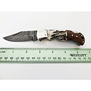 WINTERFELL Personalized Damascus Steel Pocket Folding Knife Stag Antler Handle 6.5", Customized Gift for Husband Dad, Custom Groomsmen Gifts, Best Man Gifts for Wedding