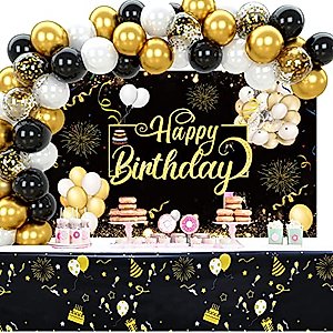 Gold Black Happy Birthday Extra Large Fabric Sign Poster Background Banner with 2pcs Waterproof tablecloths and 50pcs Metallic Shiny Latex Balloons for Birthday Party Backdrop Decoration Supplies