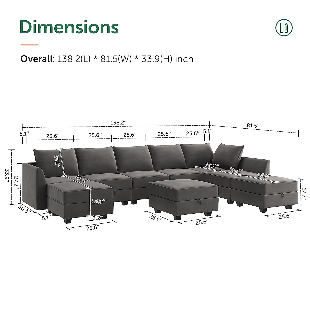 HONBAY Modular Sectional Sofa Set Oversized U Shaped Couch with Storage Ottoman Convertible Sleeper Sectional Sofa Velvet Modular Couch with Wide Chaise, Grey