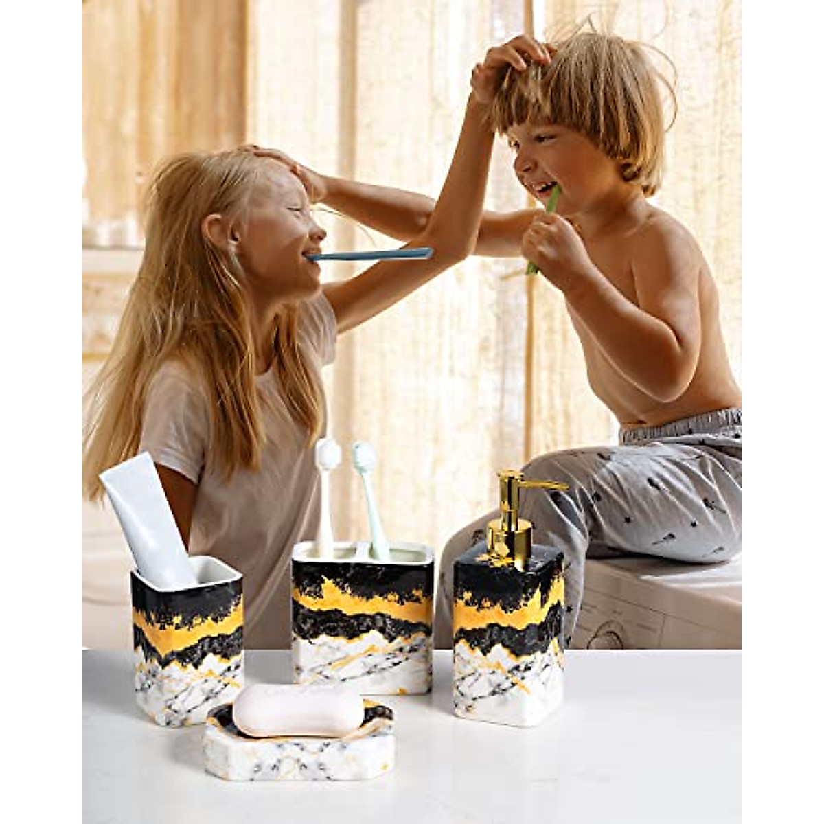 Marble Accessories Set, Black and White Marble Ceramic Decorative Small Trash Can Wastebasket, Garbage Container Bin for Bathrooms, Powder Rooms, Kitchens, Home Offices