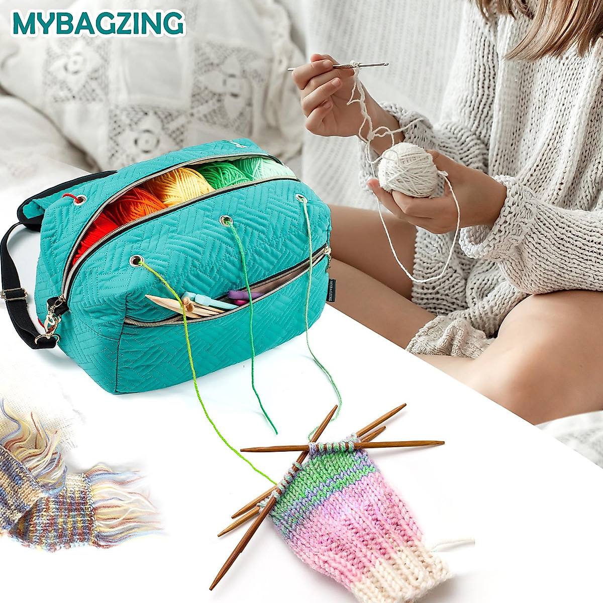 MYBAGZING Crochet Bag Organizer - Knitting Bag - Yarn Storage Organizer - Yarn Bag for Crocheting - Yarn Holder for Crochet Accessories, Knitting Needles, Crochet Hooks, Crocheting & Knitting Gifts,