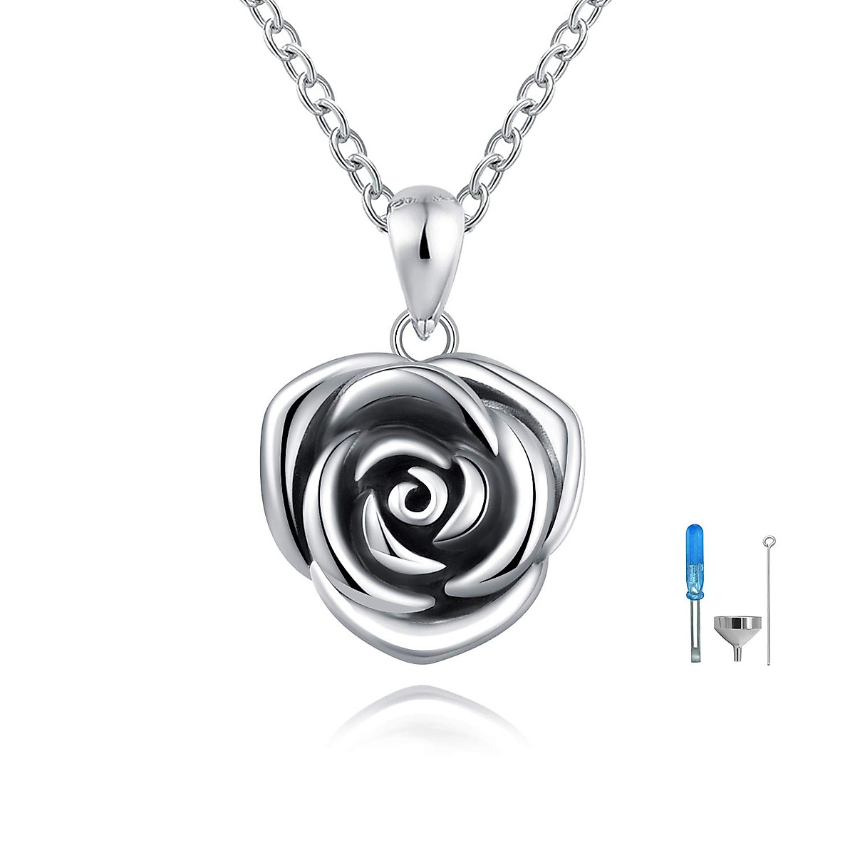 ACJFA Sterling Silver Rose Flower Cremation Urn Pendant Necklace Keepsake Ashes Memorial Jewelry for Women (Oxidized)
