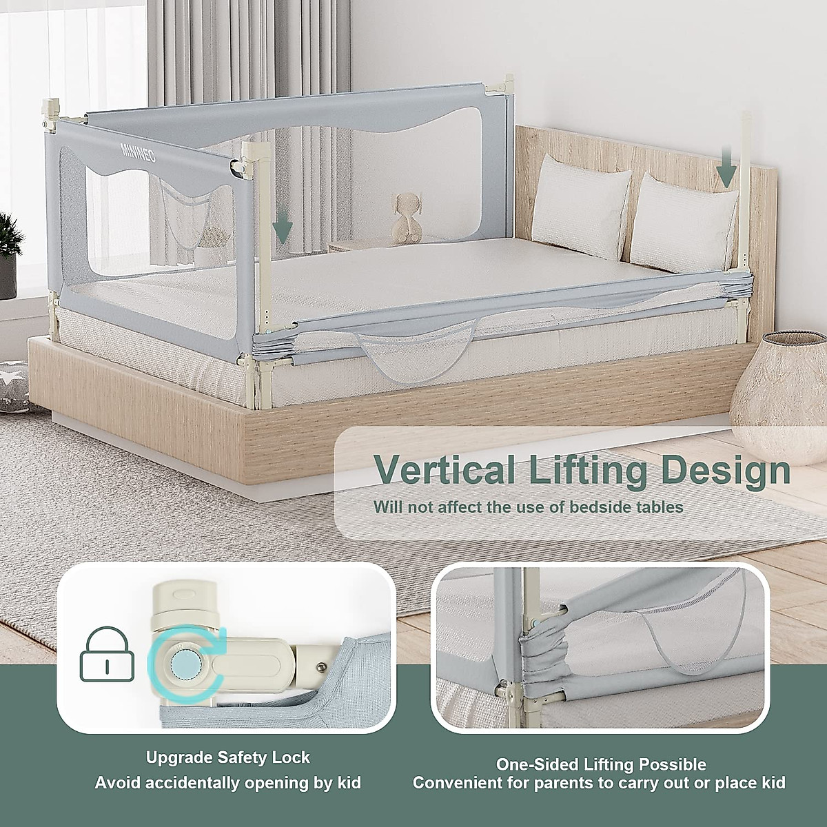 MININEC Bed Rail for Toddlers Baby, Long Toddler Bedrail Guard for Kids Children, Strong Babies Bed Rail for Twin, Full Size, Queen & King Mattress with Reinforced Anchor Safety Grey 70.8 * 27.5 in