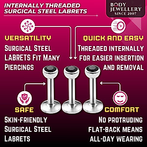 bodyjewellery 3pcs 16g 1/4 Labret Stud Lip Ring Snake Bite Conch Forward Helix Monroe Tragus Dahlia Marilyn Internally Threaded - Jet