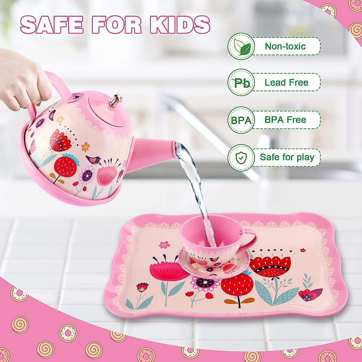 Tea Party Set for Little Girls, Princess Tea Time Toy with Food Sweet Treats Playset Carrying Case, Tea Set Birthday Gift Toys for 3 4 5 6 7 8 Year Old Girls Todler