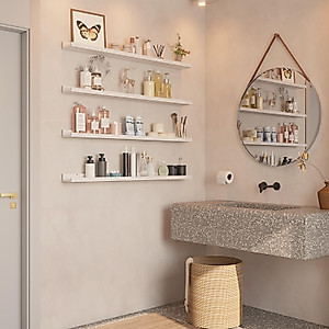 IBUYKE Picture Ledge Shelf,Wood Floating Shelves Set of 4,48 Inches Wall Mounted Bookshelves for Kitchen, Bedroom, Bathroom, White RF-GB548W-4