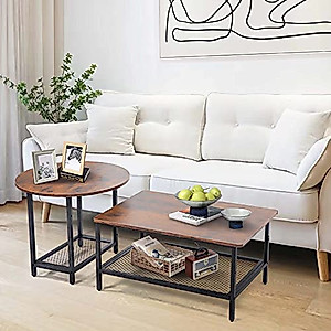 BETTAHOME 2 Piece Industrial Coffee Table Set, Detachable Nesting Rectangular and Round Side Table with Storage Shelf, Ideal for Living Room, Small Spaces Rustic Brown BT003