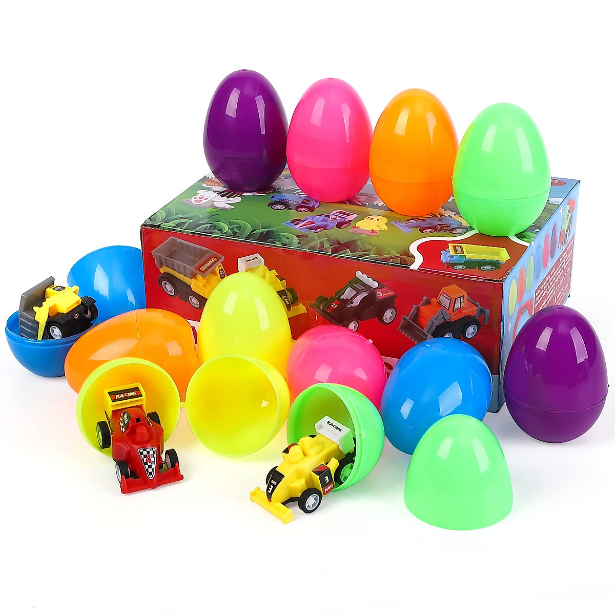 12 Pcs Easter Eggs Prefilled with Pull Back Cars for 3-6 Year Old Boys, Pull Back Construction Vehicle and Race Car for Easter Party Favors, Easter Basket Stuffers, Easter Egg Fillers,Easter Eggs Hunt
