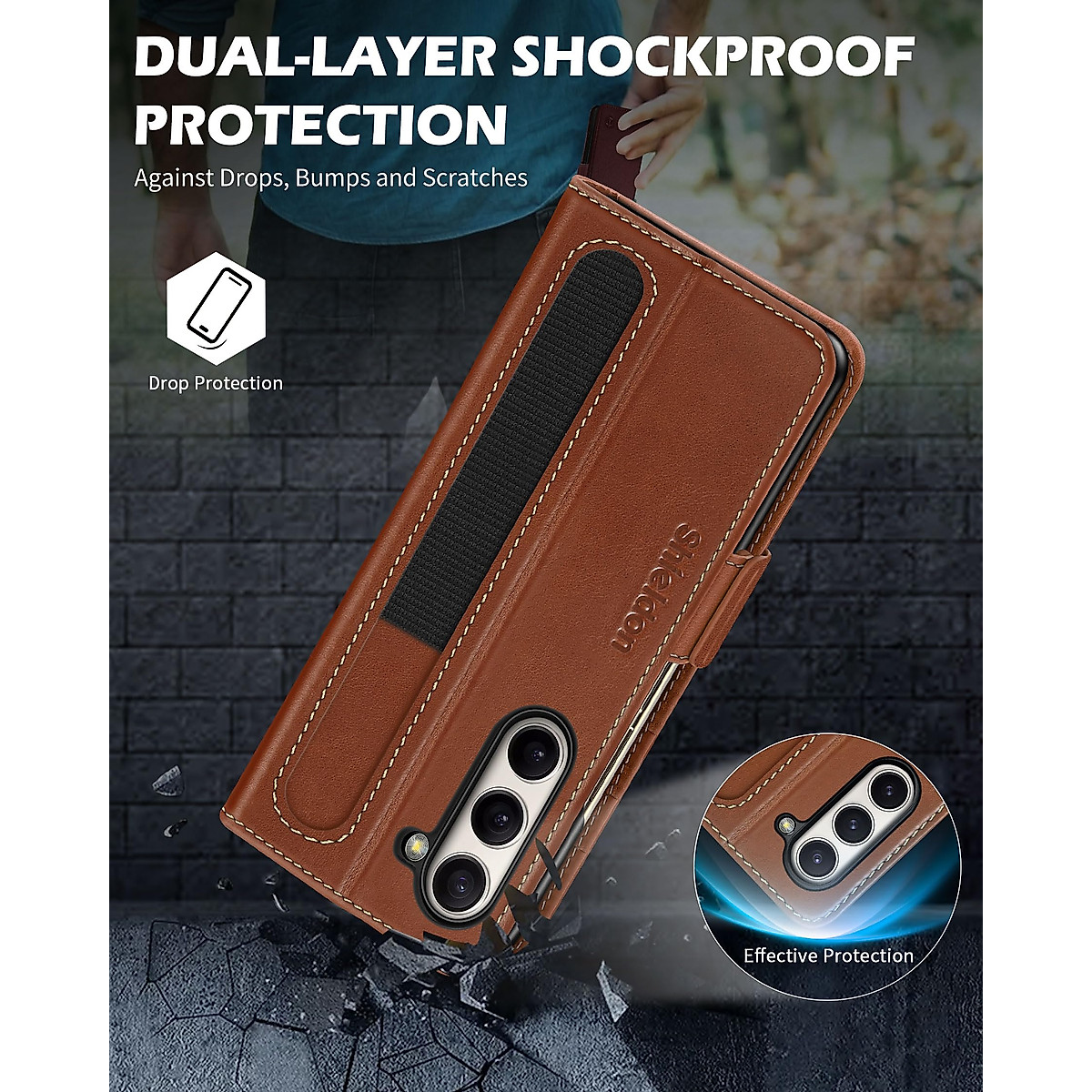 SHIELDON Case for Galaxy Z Fold 5, Genuine Leather Wallet Shockproof Case Flip Magnetic Kickstand RFID Blocking Credit Card Slot with S Pen Holder Compatible with Galaxy Z Fold5 7.6" - Retro Brown
