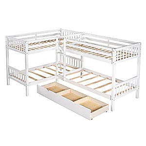 RORIGAT Twin Over Twin Quad Bunk Bed with Trundle Bed, L-Shape Bunk Bed for 4 with Ladder, Wooden Corner Bunk Bed for 4 Kids Boys Girls Teens,Gray
