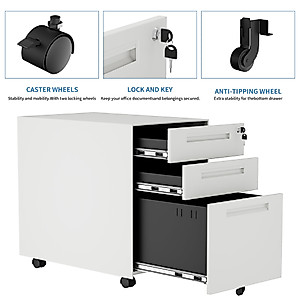 COFaR Cabinet, 3 Drawer Metal File Cabinet with Lock & Wheels, Under Desk Storage for Home Office, Fits Legal/Letter/A4, Vertical Filing (White, 22.5 x 19.7 x 14.9 inches, 40lbs)