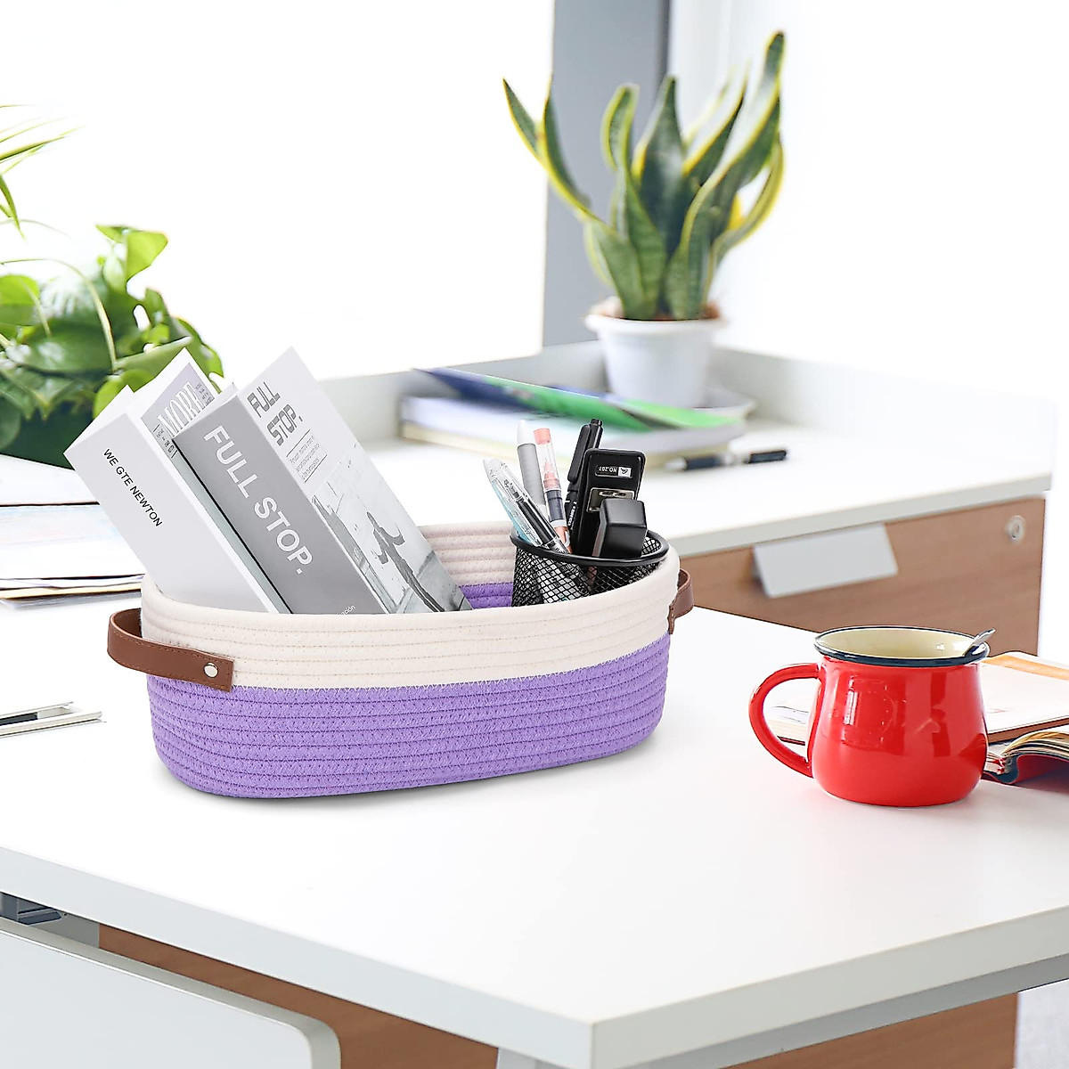 HLWDFLZ Bathroom Countertop Organizer Basket, Cotton Rope Woven Storage Basket Toilet Paper Decorative Basket for Bathroom, Bedroom, Living Room, Entryway 13"x6.3"x4.3" (Off White/Purple)