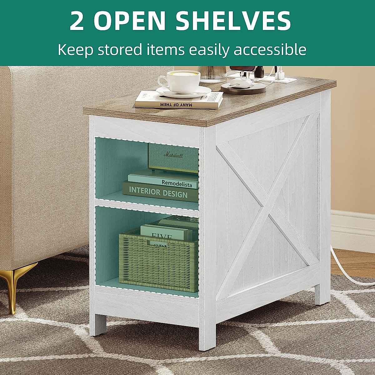 YITAHOME End Table with Charging Station, Narrow Side Table with Storage Shelf, Farmhouse Nightstand with Storage for Small Spaces, Living Room, Bedroom, Grey Wash