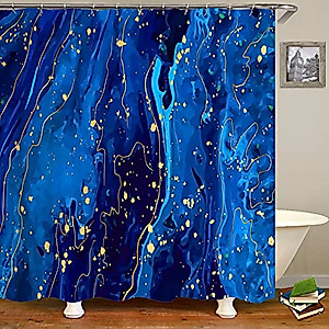 Bathroom Sets with Shower Curtain and Rugs, Bathroom Curtains Shower Set Include Waterproof Shower Curtain Non-Slip Rug Toilet Lid Cover Bath Mat and 12 Hooks, Blue Marble Shower Curtains for Bathroom