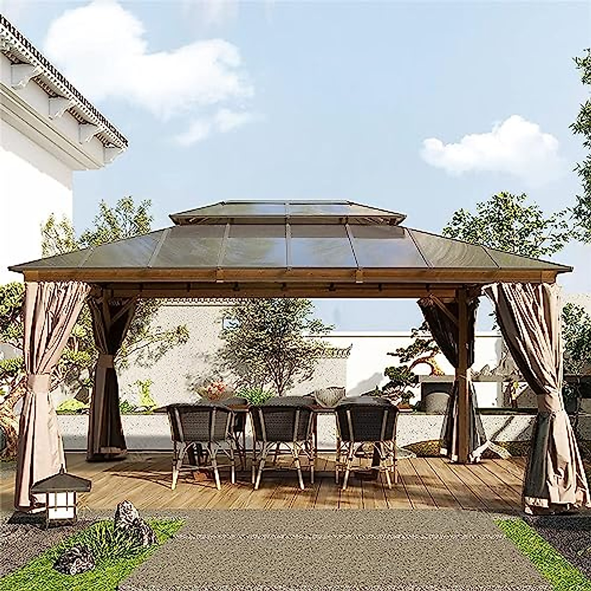 DHHU Outdoor Gazebo 12" x 16" FT Hardtop Aluminum Gazebo, Outdoor Metal Frame Canopy Gazebo with Privacy Sidewalls, All-Weather Gazebo Canopy for Patio, Garden, Backyard