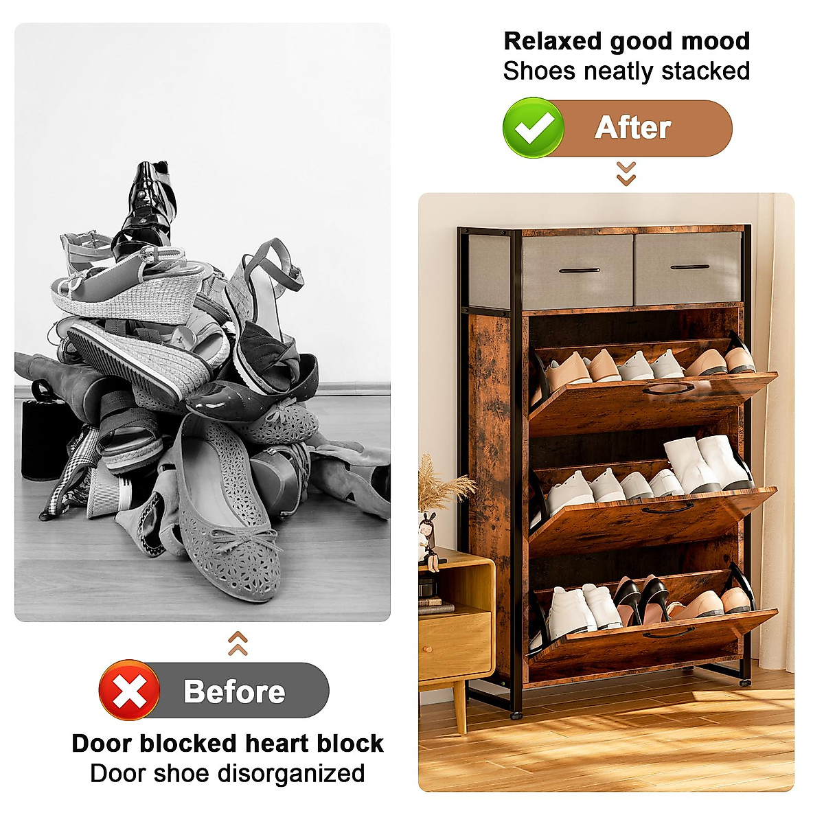 HSSZXFR Narrow Shoe Cabinet for Entryway Slim Shoe Rack Cabinet 3 Drawer Farmhouse Shoe Rack for Closet with Adjustable Shelf, Freestanding Wood Closed Shoe Rack for Home and Apartment