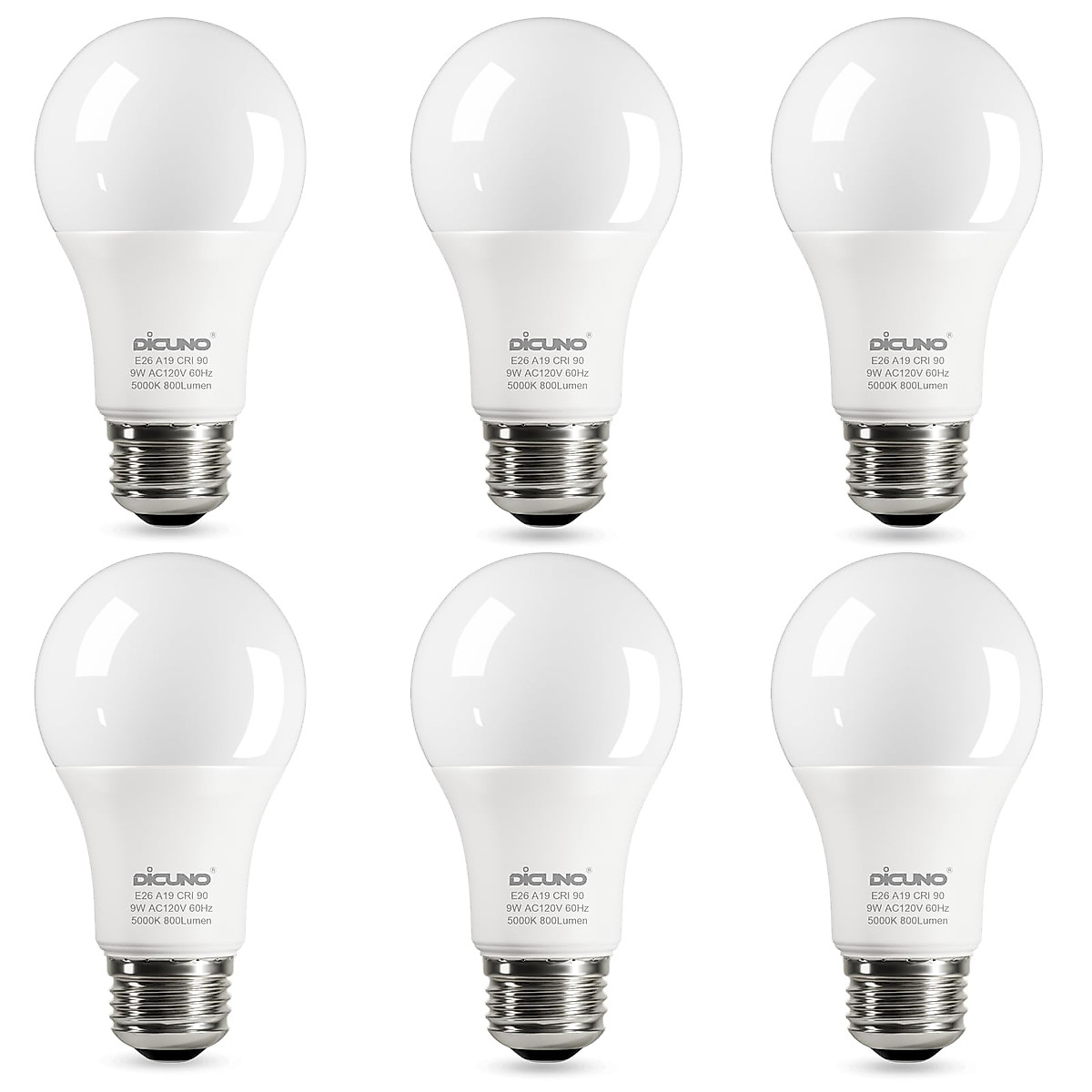 DiCUNO A19 LED Light Bulbs 60W Equivalent, Daylight White 5000K, High CRI 90, E26 Medium Base 9W 800 Lumens 120V, Non-dimmable, Frosted, 6 Pack