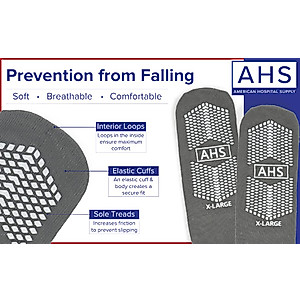 AHS American Hospital Supply Hospital Slipper Socks Grip Socks with Elastic Cuff Grip Socks for Women and Men Slipper Socks Gray | X-Large (Pack of 6)