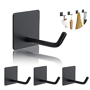 LIOUCBD 4PCS Adhesive Sticky Wall Hooks Heavy Duty, Long Stainless Steel Towel Hooks for Hanging Kitchen Bathroom Home, Waterproof Hook Wall Hanger Holder for Key Hat Coat Bag (Black)