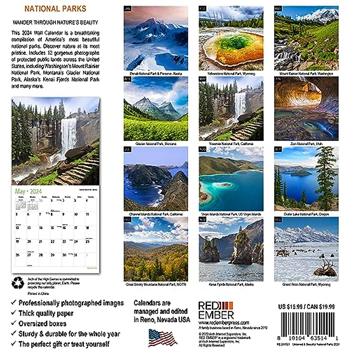 RED EMBER Untamed & Beautiful National Parks 2024 Wall Calendar 12 Month | 12" x 24" Open | Thick & Sturdy Paper | Giftable | Calendar 2024