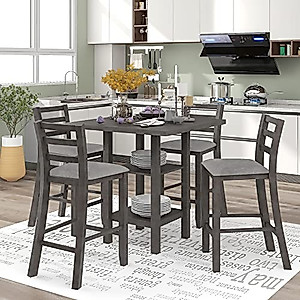 Merax 5 Piece Counter Height Dining Table Set with 4 Chairs for Small Space Kitchen Dining Table with Shelf for Storage Farmhouse Dining Set
