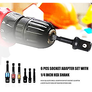 Impact Grade Power Drill Socket Adapter Sets 6 PCS, 50mm-73mm Long Impact Socket To Drill Adapter Set 1/4” 3/8” 1/2” Hex Shank Impact Driver Bit Set Socket Holder, Black Drill Bit Attachments -BCS6