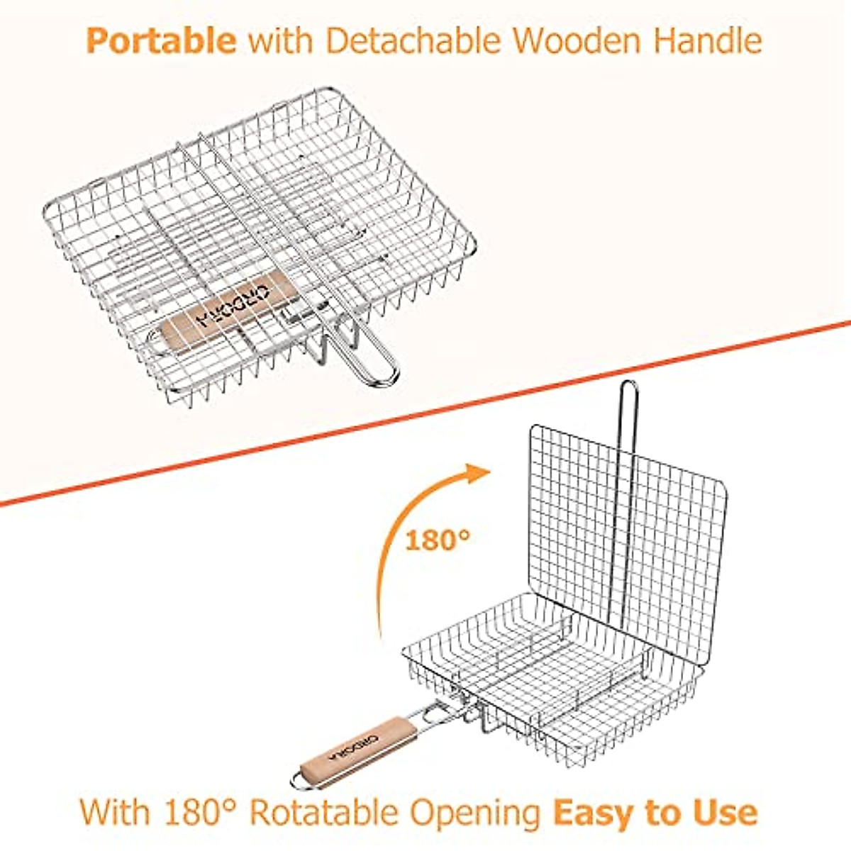 ORDORA Grill Basket, Fish Grill Basket, Rustproof Stainless Steel BBQ Grilling Basket for Meat,Steak, Shrimp, Vegetables, Chops, Heavy Duty Grill Basket Outdoor Grill Accessories