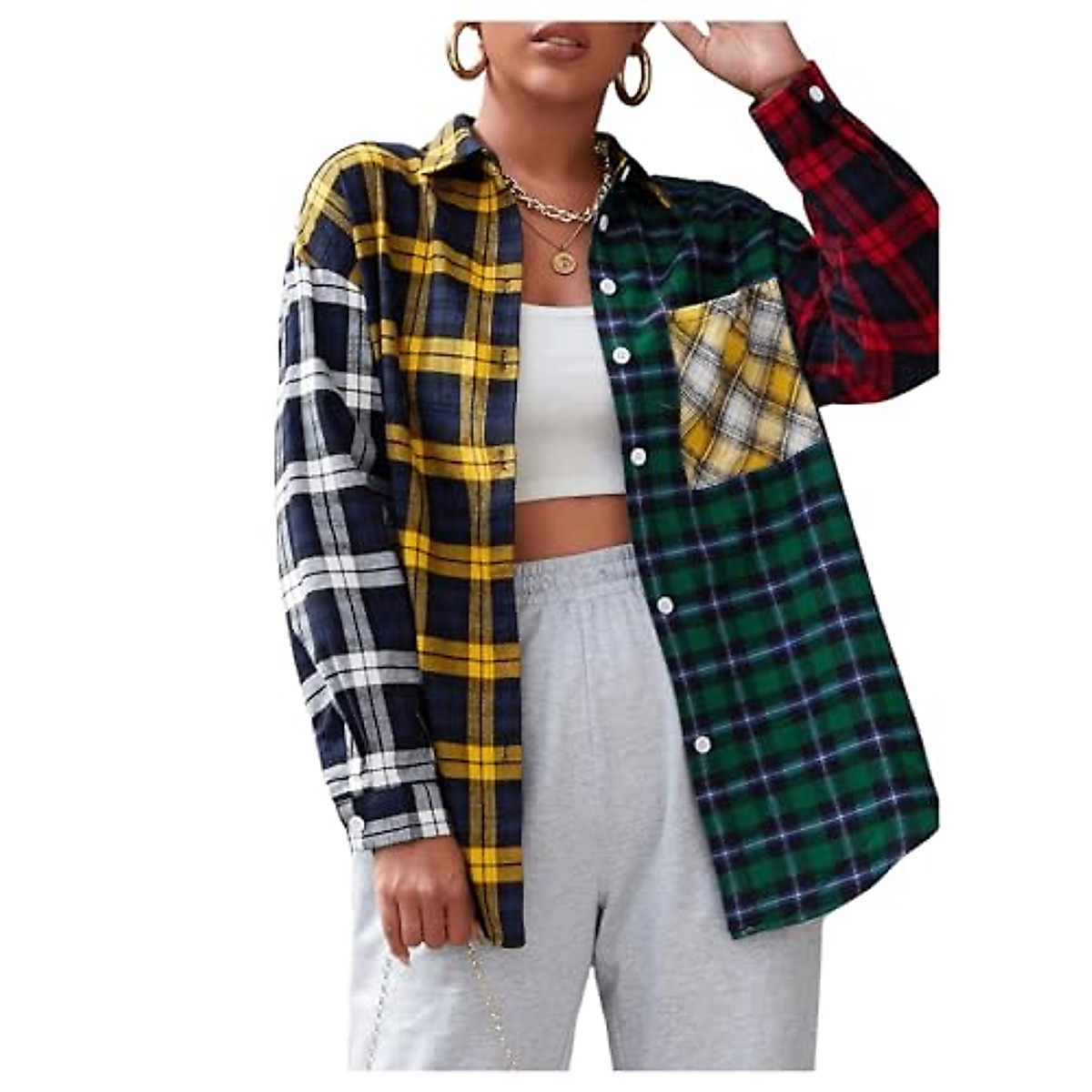 Floerns Women's Tartan Color Block Long Sleeve Plaid Button Down Blouse Multi S